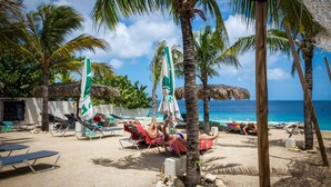 Uma praia com cadeiras de praia, guarda-sóis e palmeiras.