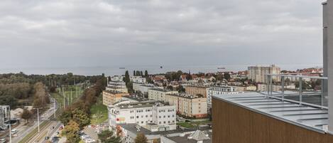 Um edifício alto com vista para o horizonte urbano, incluindo vários edifícios e um corpo de água ao longe.