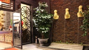 Entrada de hotel com uma grande planta em vaso, porta de vidro e parede com esculturas decorativas.