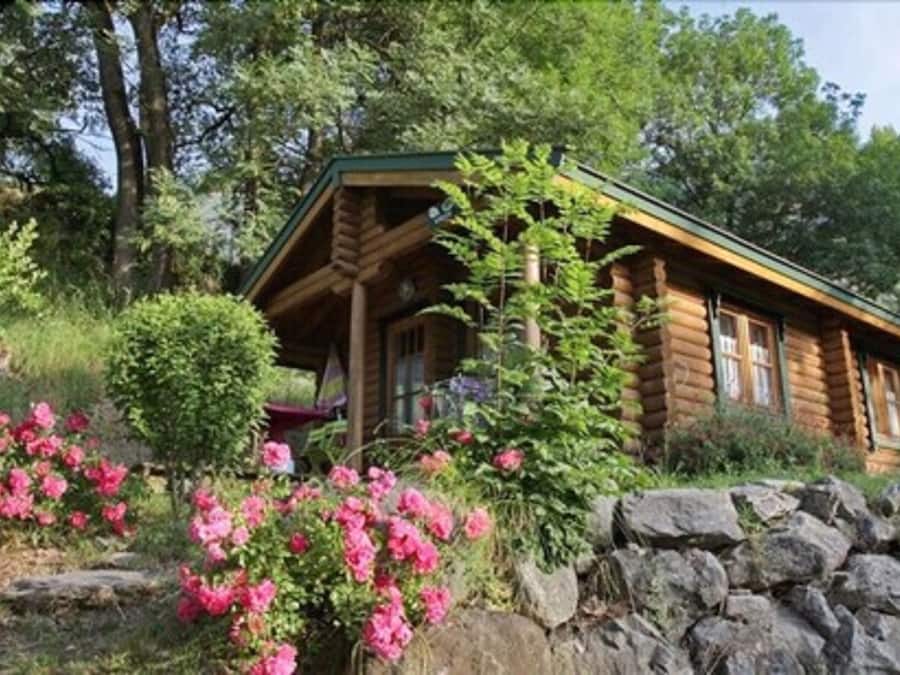 Uma cabana de tronco com varanda, rodeada por vegetação e flores cor-de-rosa.