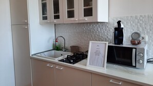 Cozinha moderna com armários brancos, pia de aço inoxidável, fogão a gás e micro-ondas.