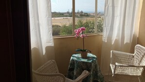 Varanda com vista para paisagem desértica, uma orquídea em vaso e duas cadeiras de vime.