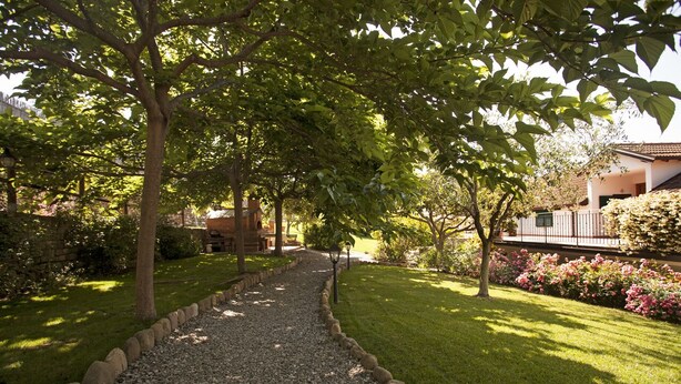 Uma trilha de cascalho serpenteia por um jardim com árvores e arbustos floridos.