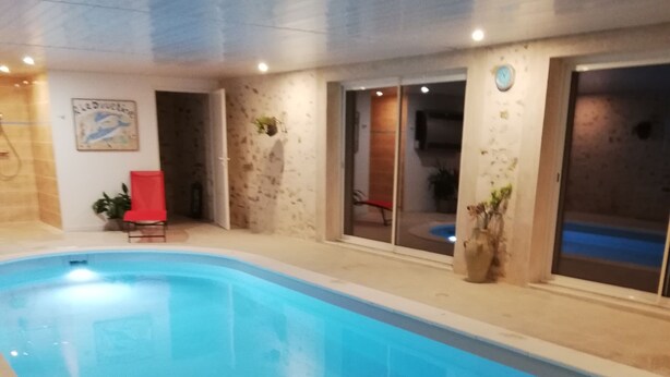 Piscina interna com um brinquedo de pato, uma cadeira vermelha e um vaso de planta perto das janelas.