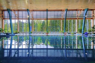 Piscina interna com paredes de vidro transparente, vigas de madeira e vista para árvores lá fora.