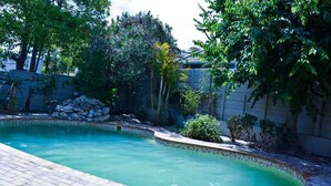 Piscina com borda curva, rodeada por um muro de pedra e diversas plantas.