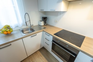 Apartamento, 1 quarto | Cozinha privada | Um frigorífico, um micro-ondas, um forno, uma placa de cozinha 