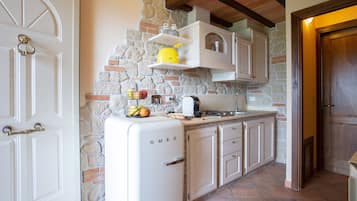 Apartamento, no edifício anexo (Scuola 1) | Cozinha privada | Um frigorífico/congelador grande, um micro-ondas, uma placa de cozinha