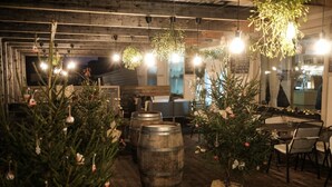Interior rústico com barris de madeira, árvores de Natal e luzes penduradas.