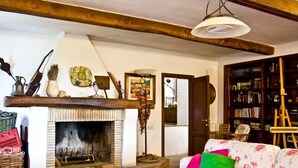 Uma sala de estar acolhedora com lareira, um sofá com almofadas coloridas, uma estante de madeira e um lustre.
