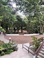 Um jardim com um caminho pavimentado, uma escadaria e diversas árvores e plantas.