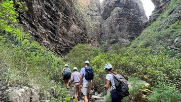Um grupo de caminhantes em uma trilha rochosa, cercado por penhascos íngremes e vegetação densa.