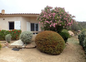 Uma casa com telhado de cerâmica, um caminho de pedras e diversos arbustos e flores.