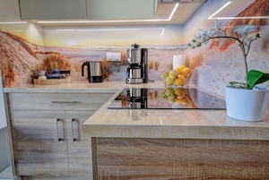 Apartamento premium, 1 quarto (301) | Cozinha privada | Geladeira, fogão, cooktop, lava-louças