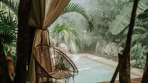 Um deck de madeira com uma cadeira de vime, uma piscina pequena e folhagem tropical exuberante.