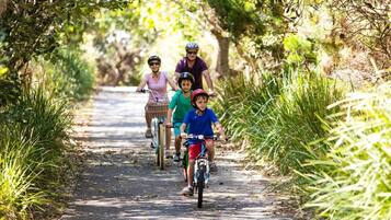 Um caminho arborizado e gramado, ideal para andar de bicicleta ou caminhar.