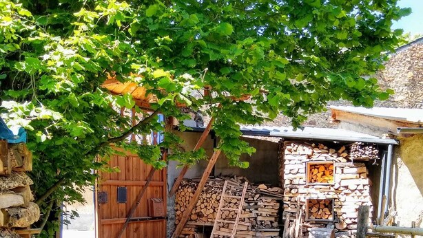 Um edifício rústico de pedra com uma porta de madeira, uma pilha de lenha e um muro de pedra.