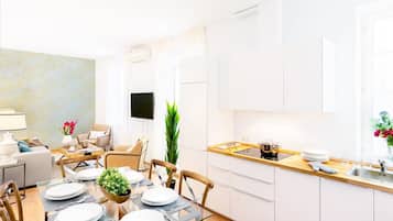 Apartamento (2 Bedrooms) | Cozinha privada | Um frigorífico/congelador grande, um micro-ondas, uma placa de cozinha