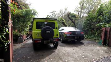 Um veículo estacionado numa entrada de garagem, com uma porta de garagem e uma árvore ao fundo.