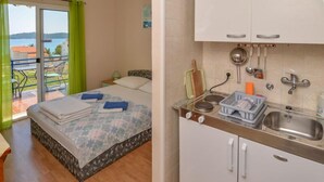 Estúdio, vista para o mar | Kitchenette privada | Minifrigorífico, uma placa de cozinha, utensílios de cozinha 