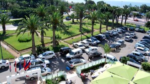 Uma área de estacionamento com vários carros e algumas palmeiras.