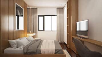 Suíte | Cofres nos quartos, escrivaninha, cortinas blackout