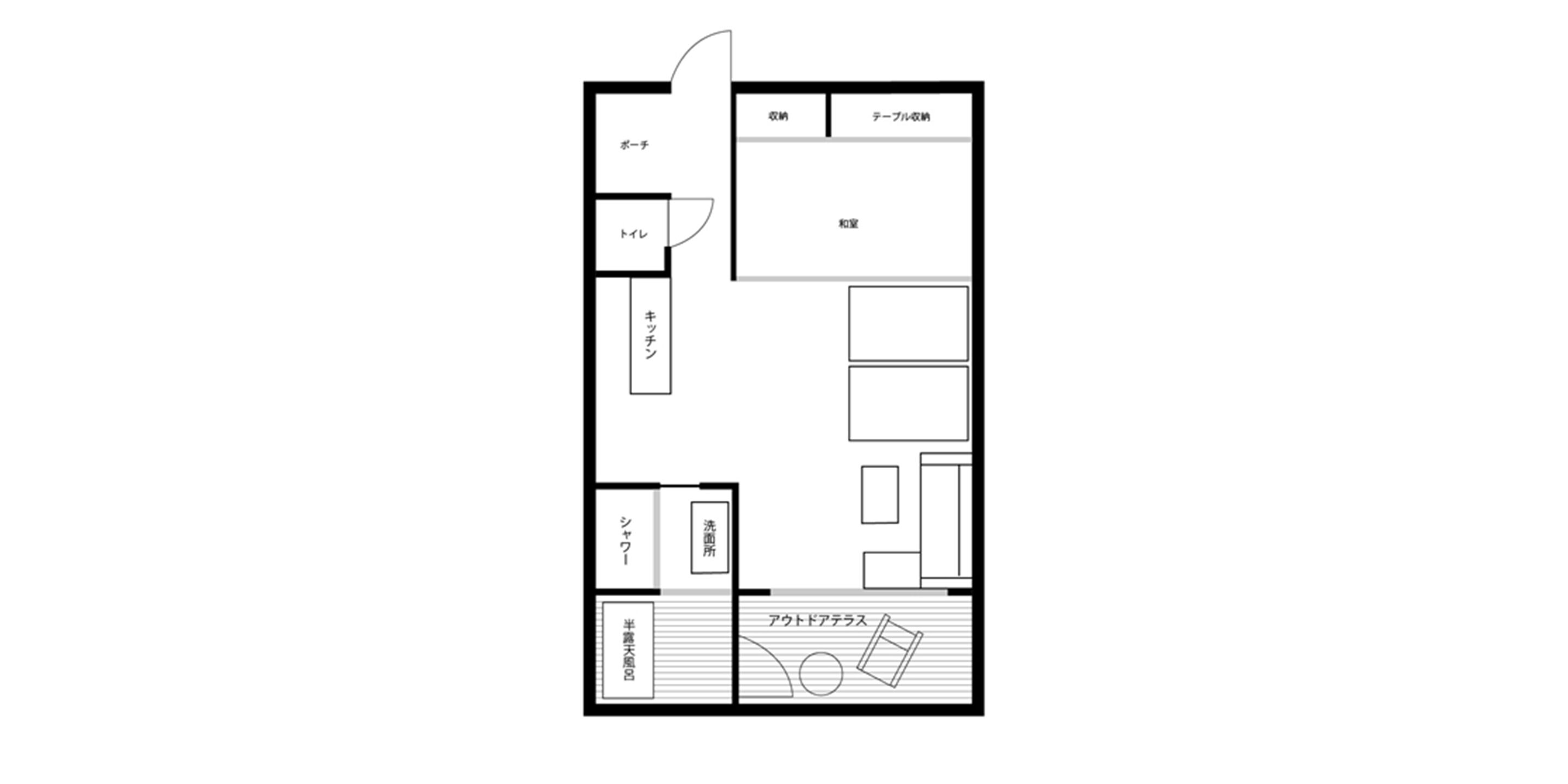 Planta baixa de um hotel mostrando uma cozinha, sala de jantar e um quarto com uma janela grande.