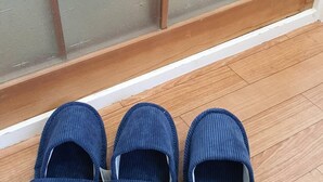 Um par de chinelos de veludo azul sobre um piso de madeira perto de uma porta de vidro com efeito gelado.