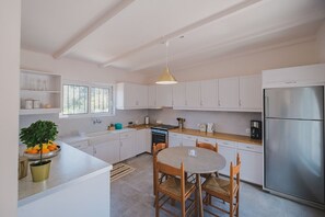 Villa, 2 quartos | Cozinha privada | Um frigorífico/congelador grande, um forno, uma placa de cozinha