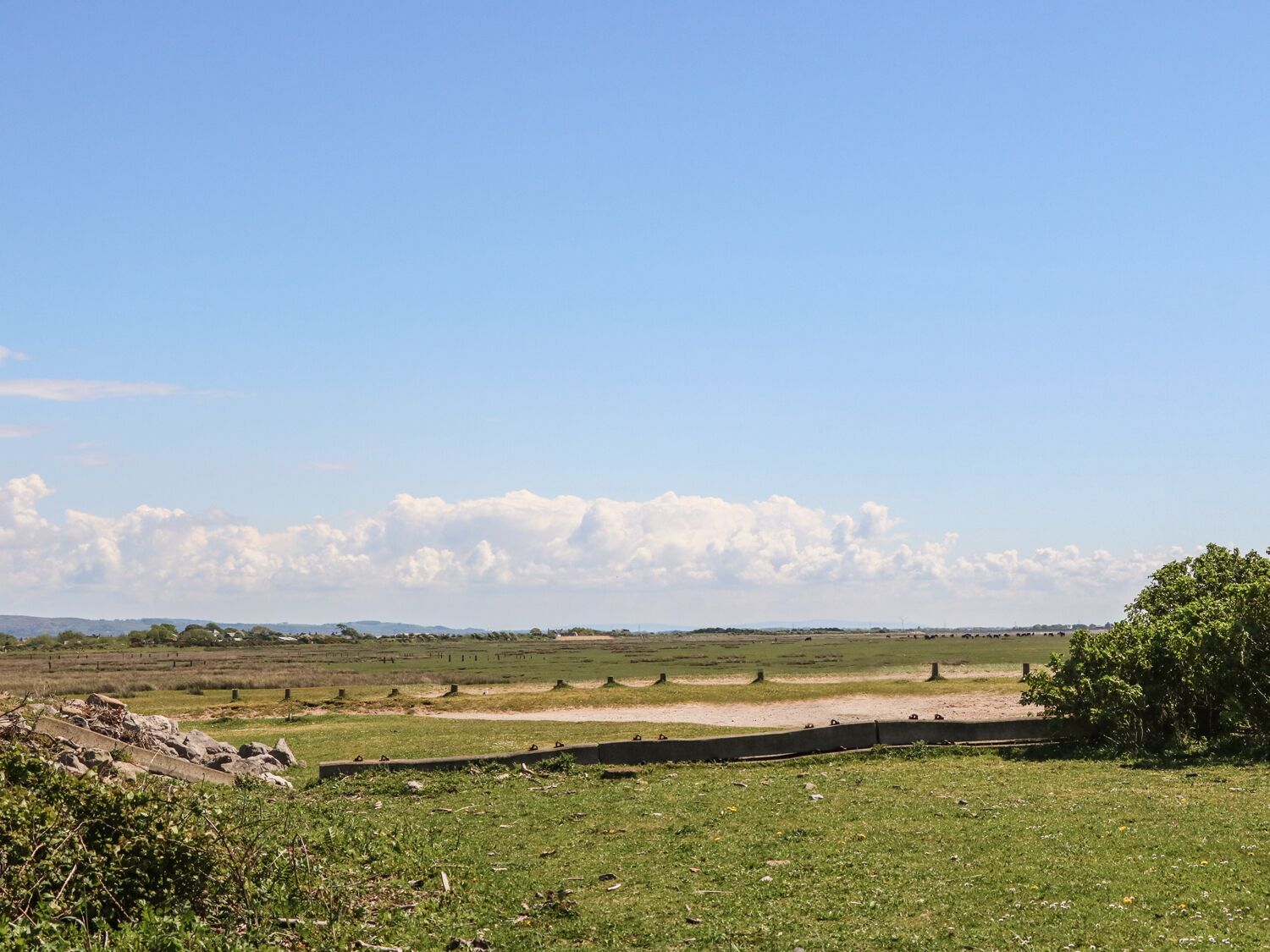 Paisagem rural com campos abertos, algumas árvores esparsas e um céu limpo.