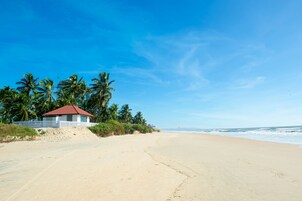 Uma praia com um pequeno edifício, palmeiras e o oceano.