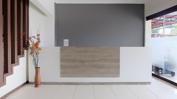 Uma área de recepção com um balcão de madeira, um painel cinzento grande e uma planta em vaso com folhas laranja.