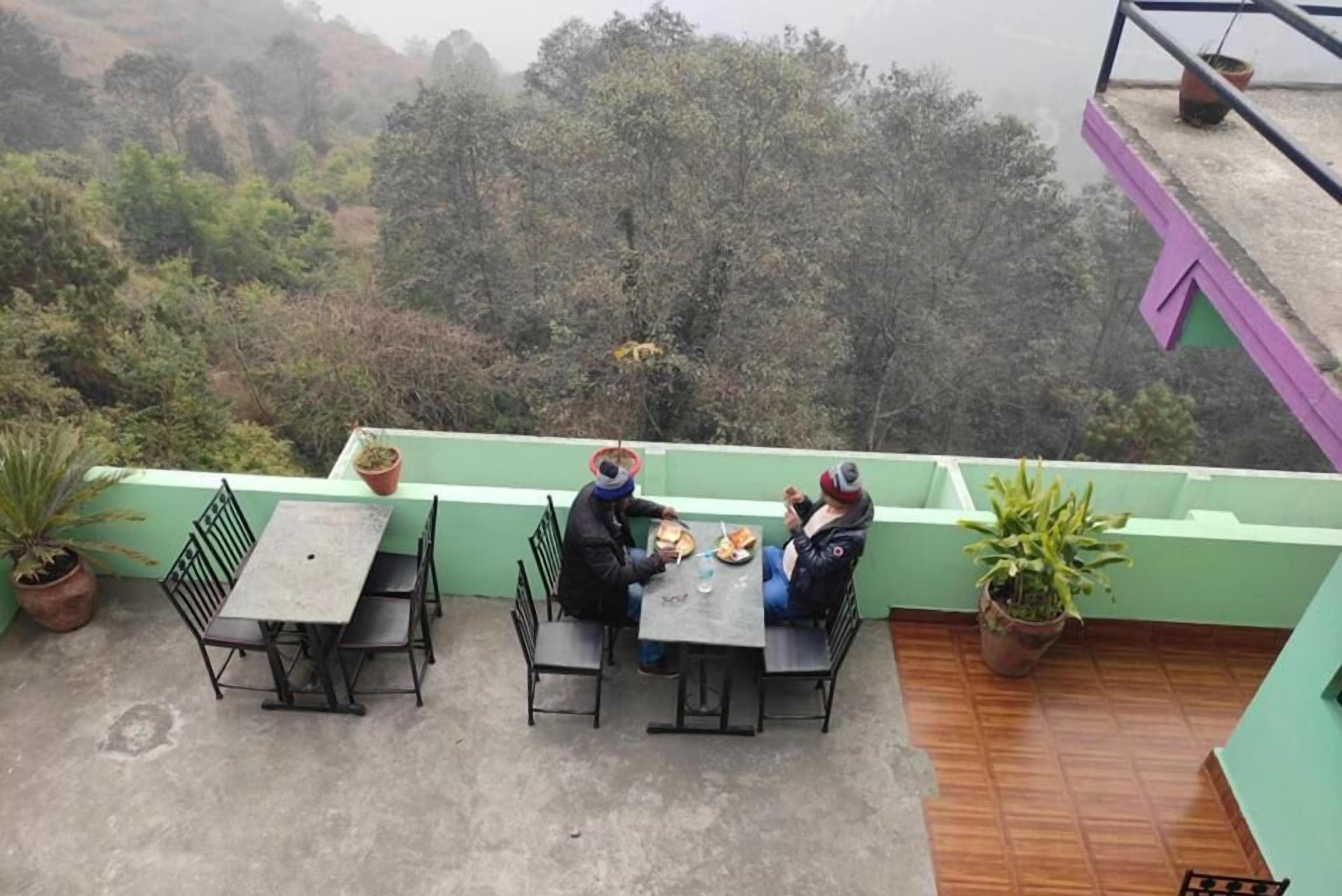Terraço com mesa e cadeiras, rodeado por plantas em vasos e vista para uma área arborizada.