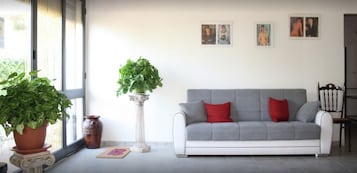 Sala de estar com sofá cinza, almofadas vermelhas e cinzas, uma planta em vaso e um vaso no chão.