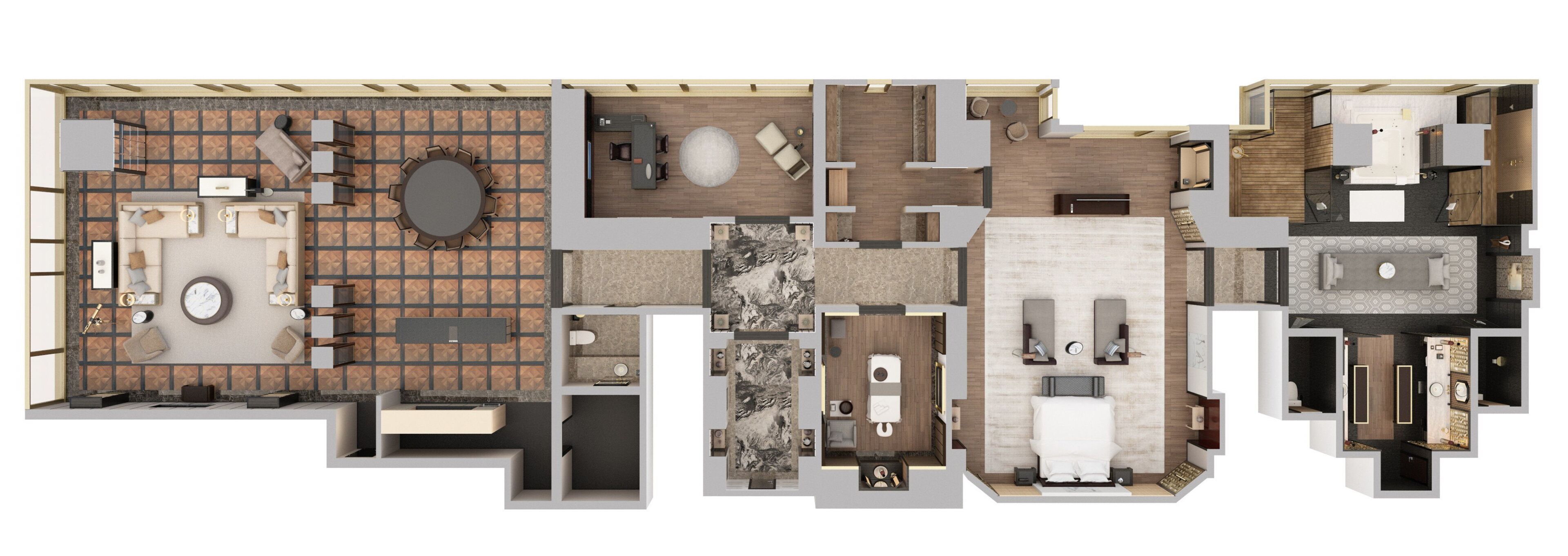 Planta de um hotel com vários quartos, sala de jantar, cozinha e banheiro.