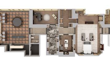 Planta de um hotel com vários quartos, sala de jantar, cozinha e banheiro.