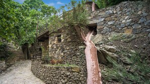 Edifício de pedra com um caminho de pedra estreito que o leva até ele, rodeado por vegetação.