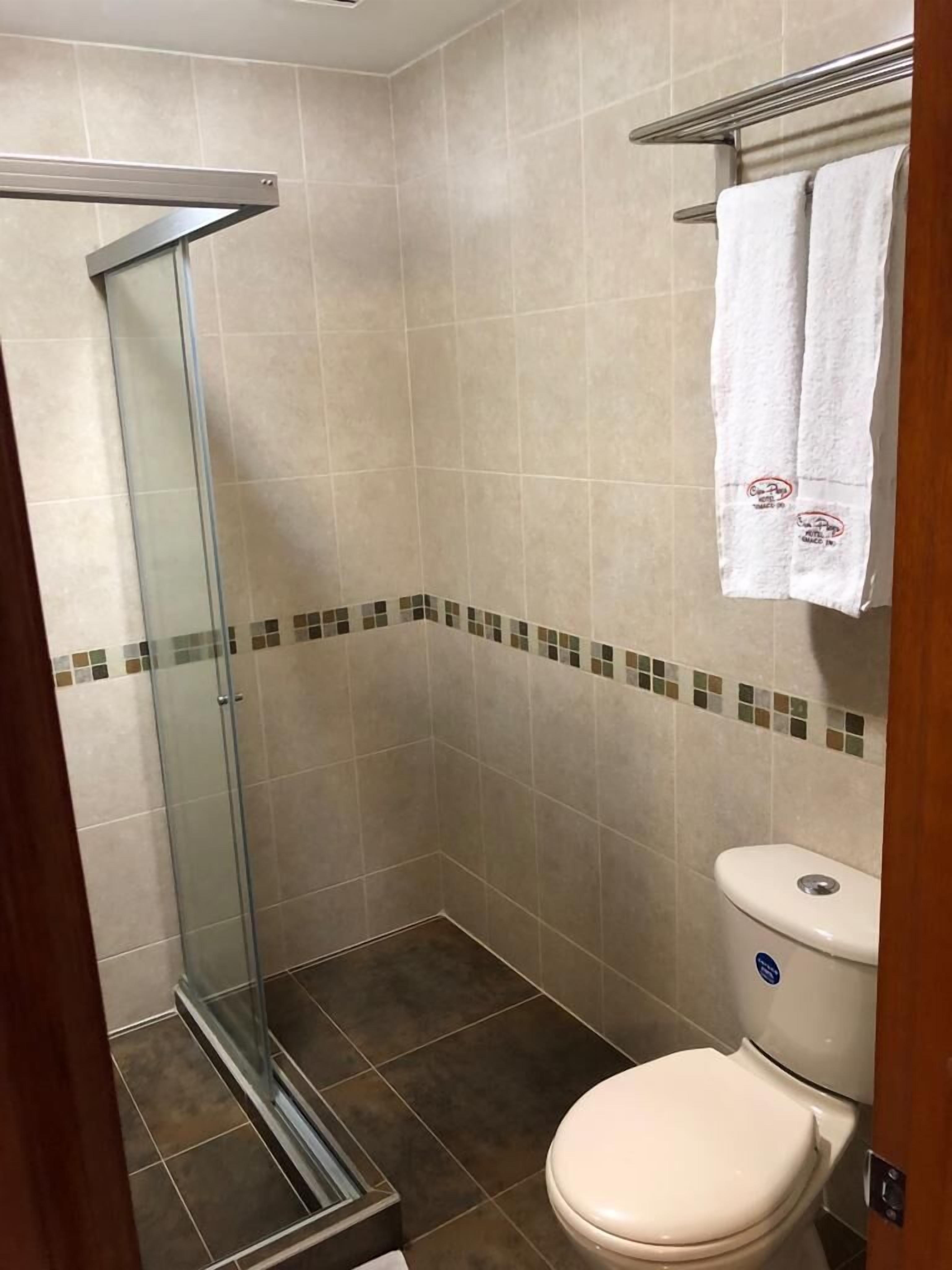 Casa de banho com cabine de duche em vidro, sanita e chão em azulejo.