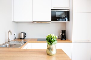 Quarto Duplo Panorâmico | Cozinha privada | Um frigorífico, um micro-ondas, uma placa de cozinha 