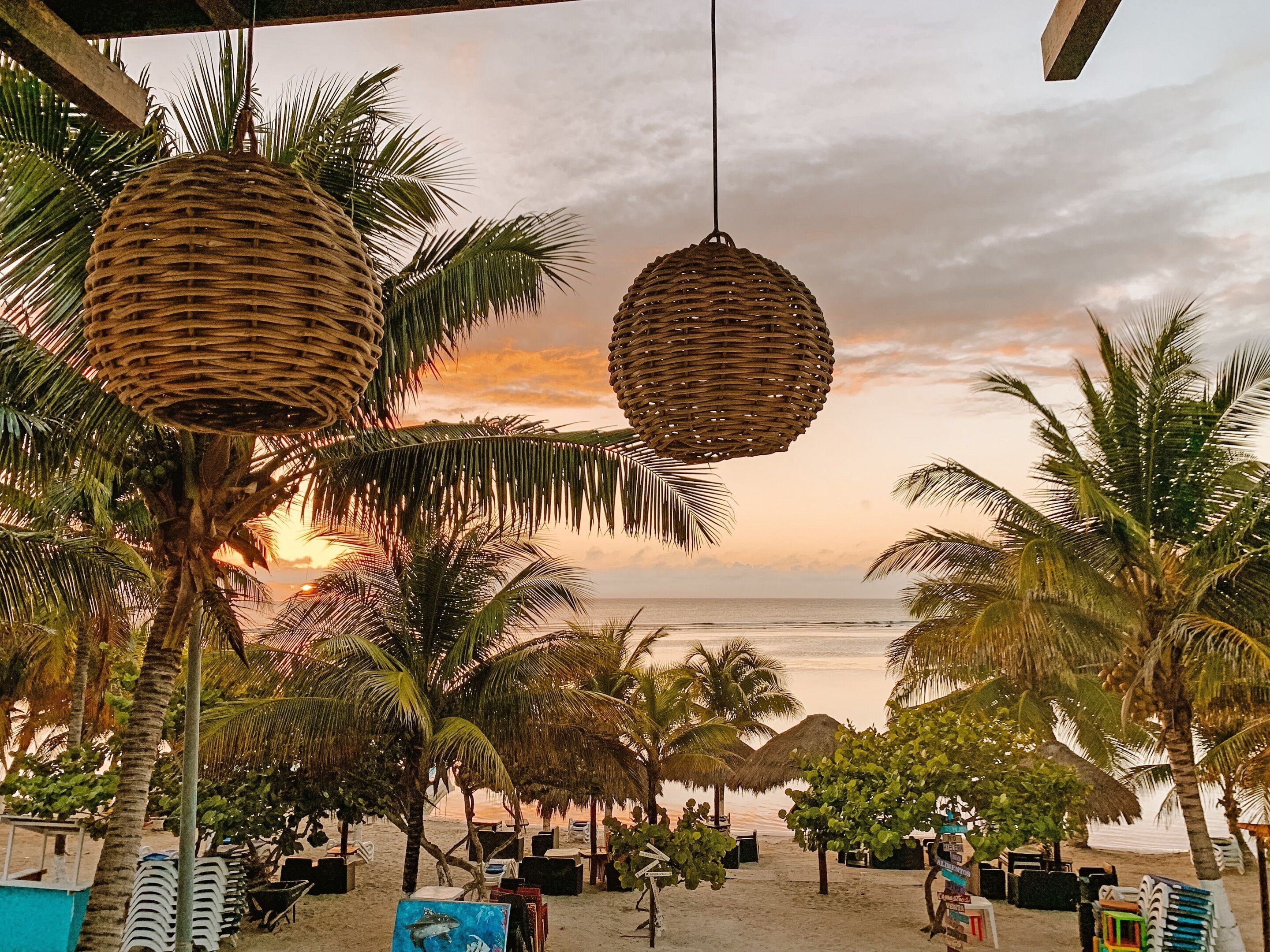 Cena de praia com palmeiras, uma estrutura de telhado de palha e cadeiras de praia.