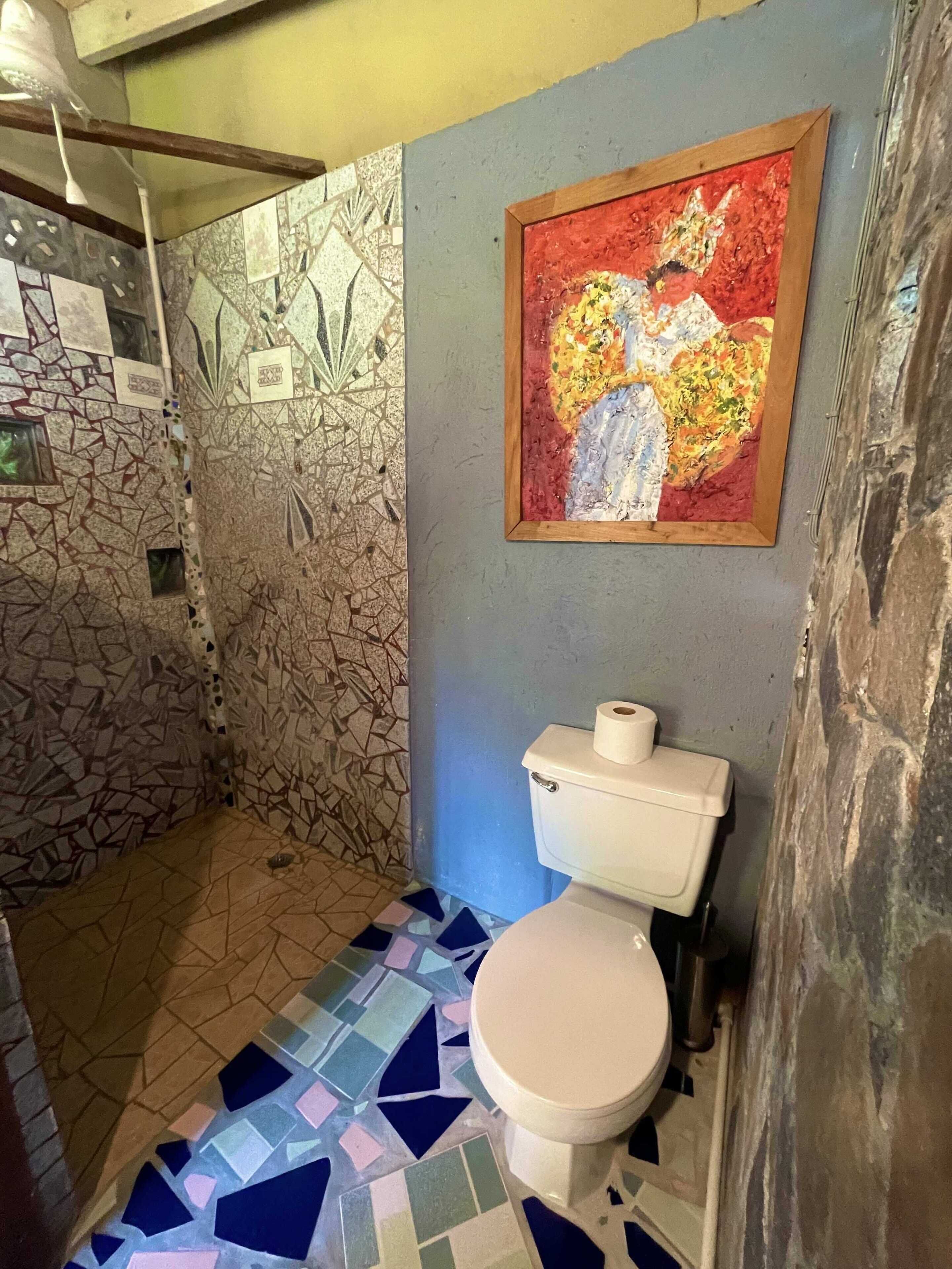 Casa de banho com chão em mosaico, sanita e um quadro na parede.