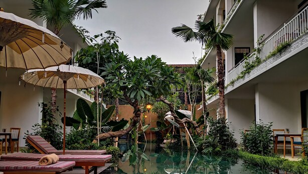 Piscina interior com espreguiçadeiras e guarda-sóis, rodeada por vegetação exuberante e plantas.