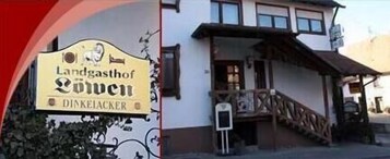 Um edifício com uma placa que diz "Landgasthof Göwen" e "DINKELACKER".