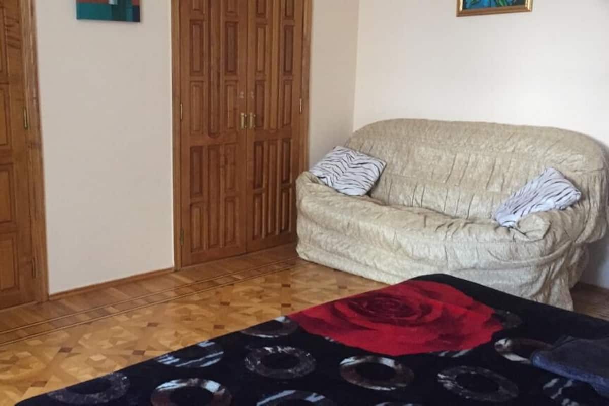 Quarto com sofá bege, duas almofadas, tapete estampado e armários de madeira.