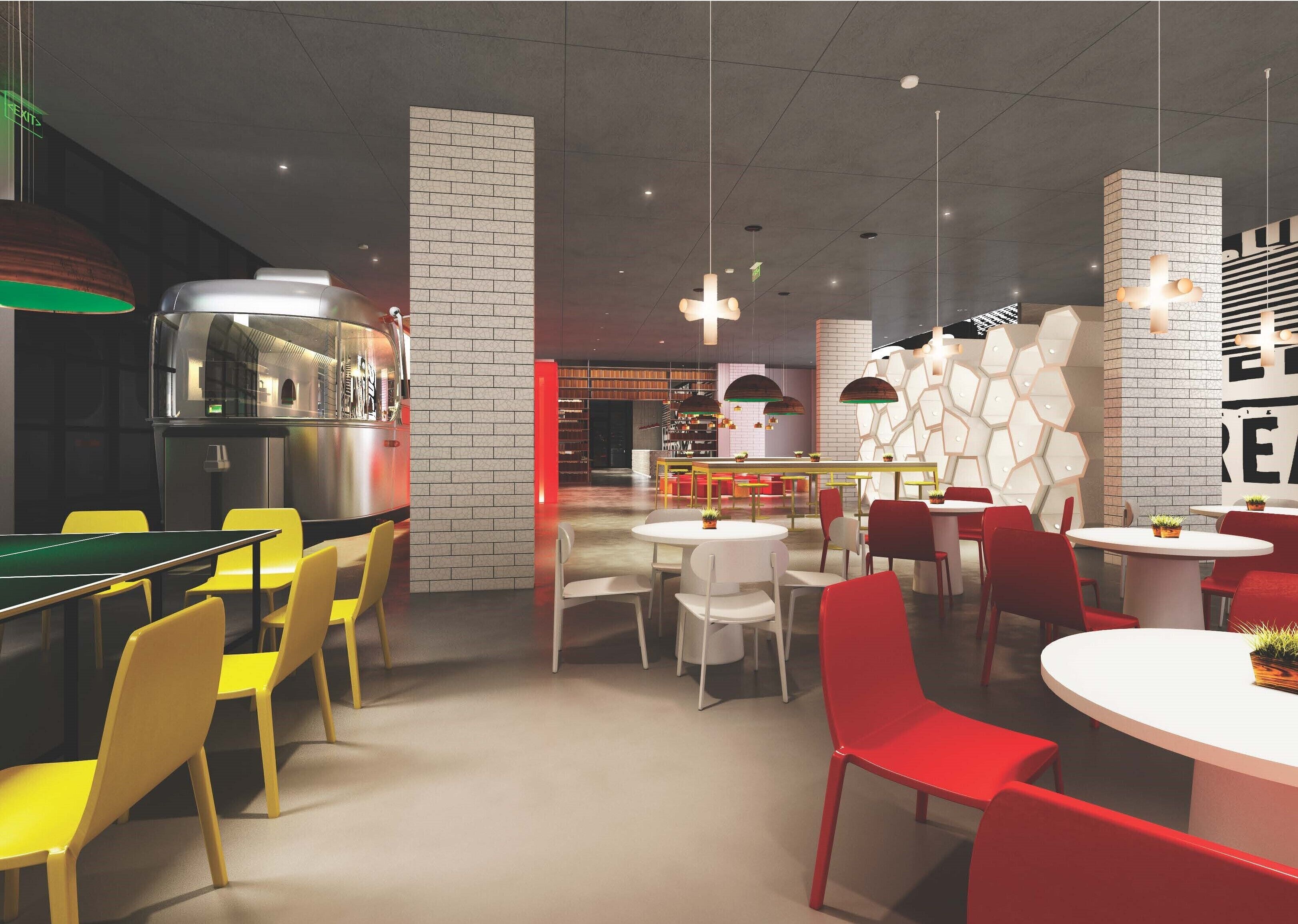 Um espaço moderno em ambiente interno com mesas, cadeiras, área de bar e mesa de bilhar.