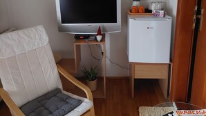 Uma sala compacta com televisão, frigorífico, uma cadeira e uma pequena mesa com uma planta.