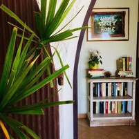 Um quarto com estante, quadro emoldurado e planta.