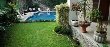 Um quintal com piscina, gramado e várias plantas em vasos.
