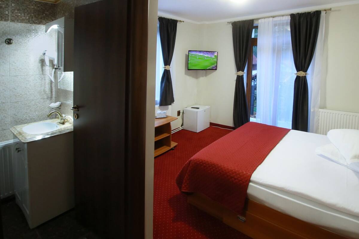 Quarto de hotel com cama, televisão, banheiro com pia e chuveiro.