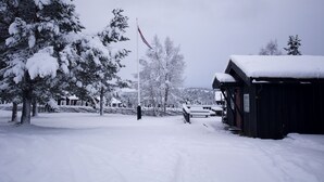 Paisagem coberta de neve com uma cabana de madeira e um mastro.